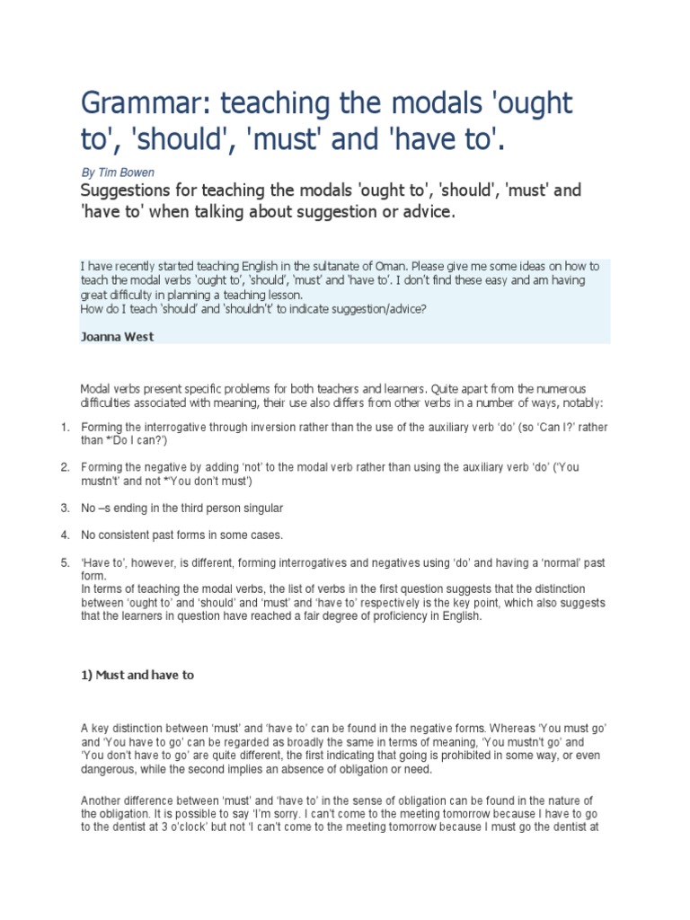 Teaching Modal Verbs: Must, Should, Ought | PDF | English Language ...