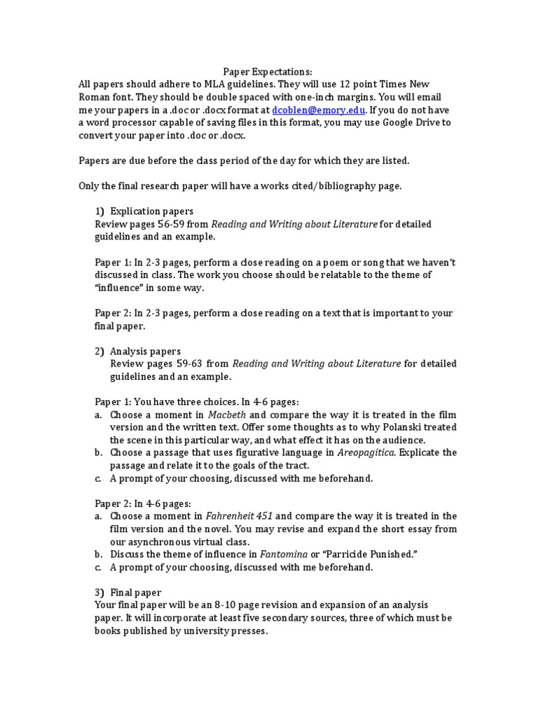 MLA Paper Guidelines and Expectations | PDF | Language Arts ...