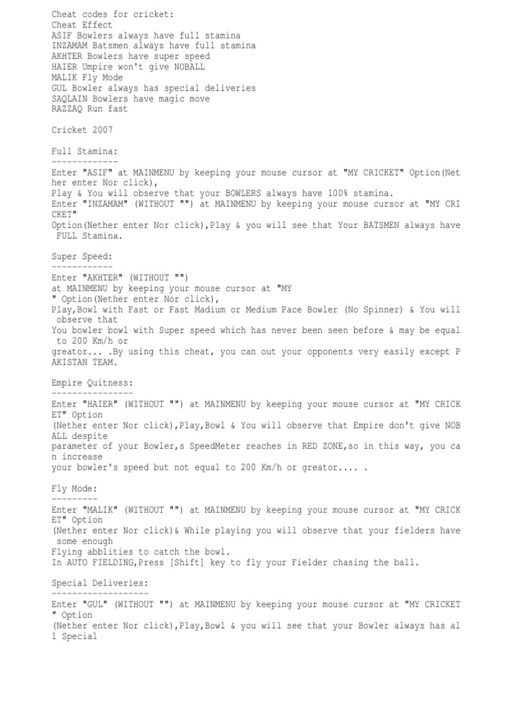 Cricket Cheat Codes | PDF | Bowling (Cricket) | Cricket