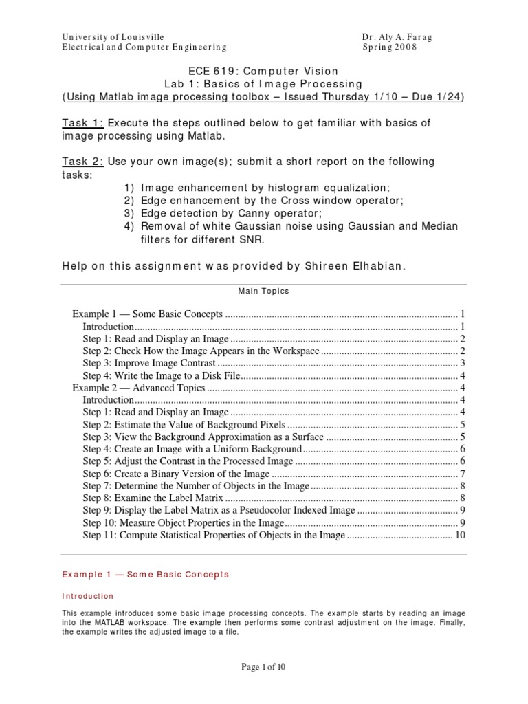 Lab 1 - Basics of Image Processing | PDF | Matlab | Computer Vision