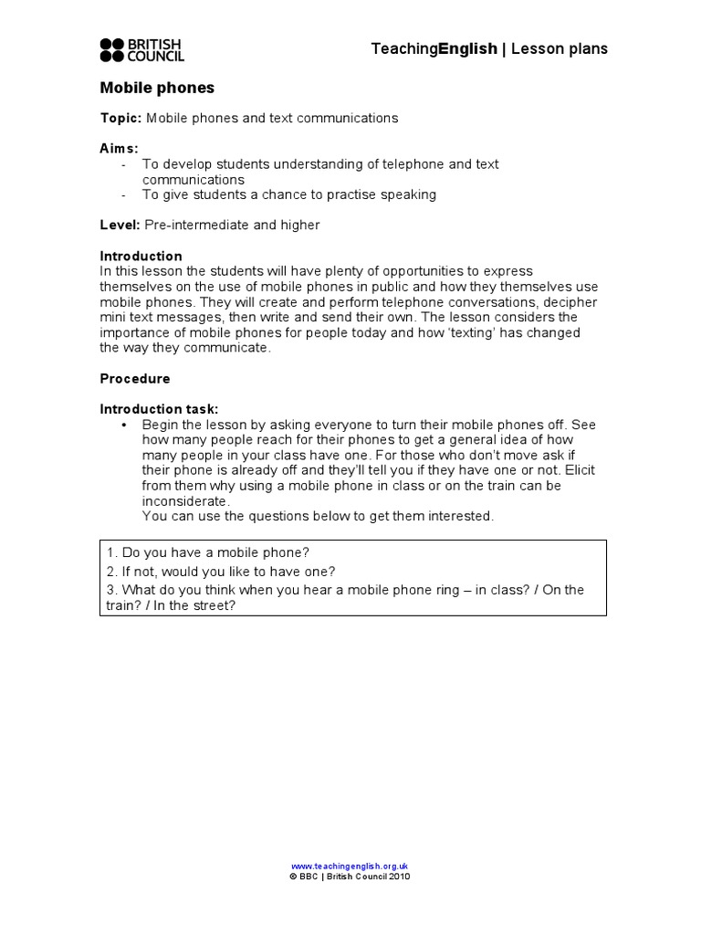Mobile Phone Lesson Plan | PDF
