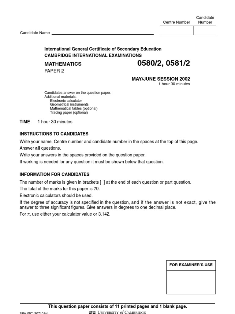 MAths IGCSE PAper 2 May 2002 | PDF | Area | Geometry