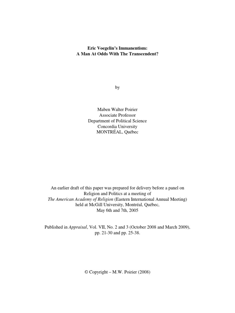 Eric Voegelin's Immanentism - Maben Walter Poirier | PDF | Spirituality ...