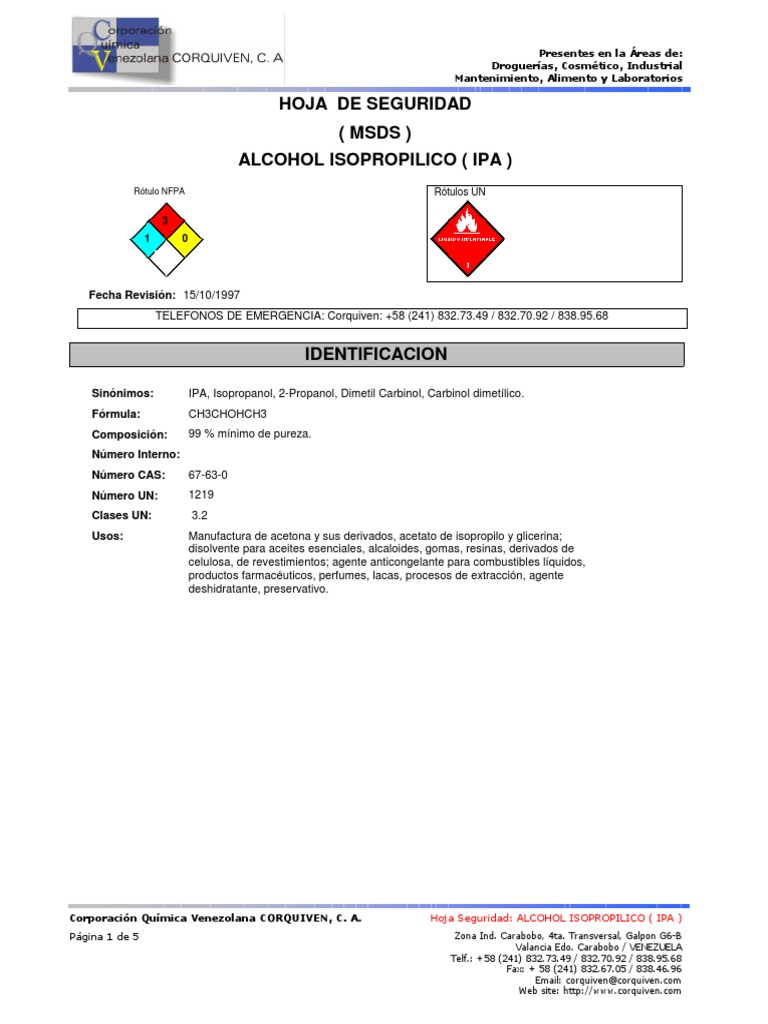Msds Alcohol Isopropilico | Combustión | Alcohol