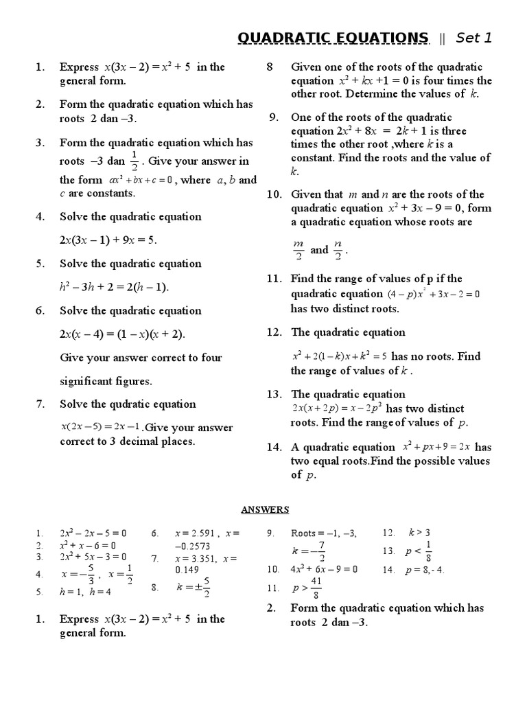 Quadratic Equations - Set 1: C Are Constants. K | PDF | Algebra ...