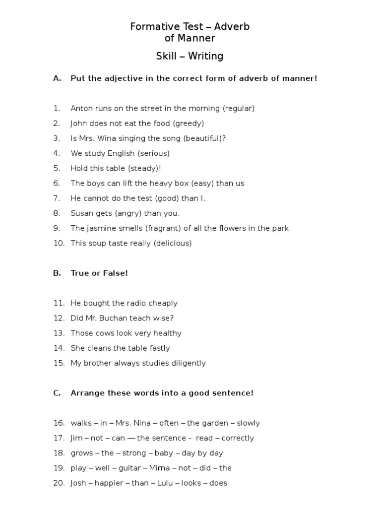 Adverb of Manner Test and Exercises | PDF