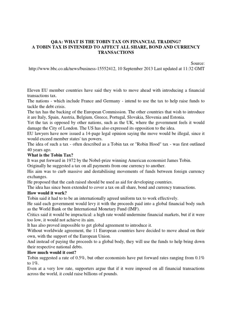 1 What Is The Tobin Tax BBC 2013 | PDF | Financial Markets | Taxes