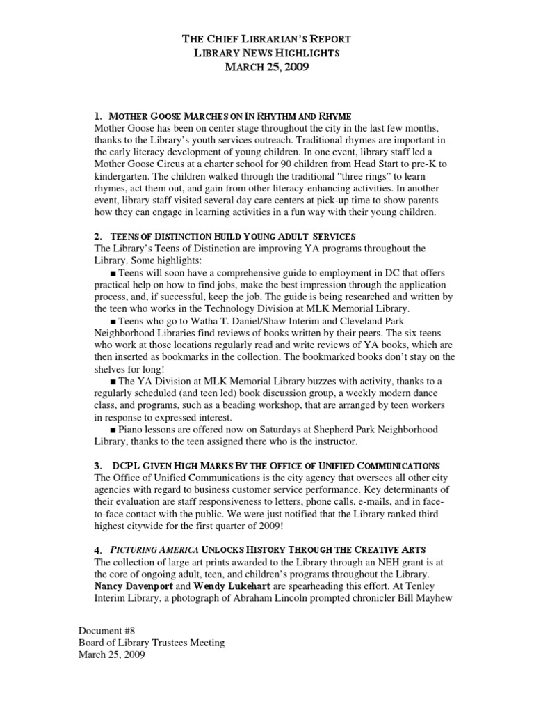 Library Meeting Highlights - March 2009 | PDF | Librarian | Adolescence