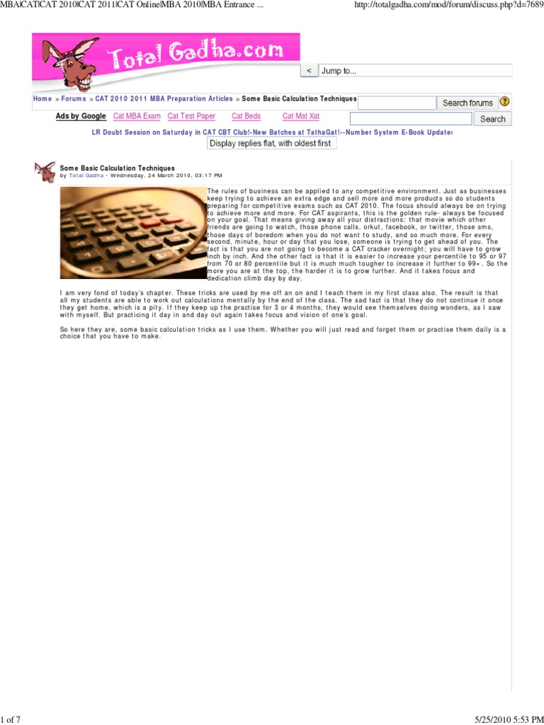 TG - CAT 2010 - Some Basic Calculation Techniques | PDF | Teaching ...