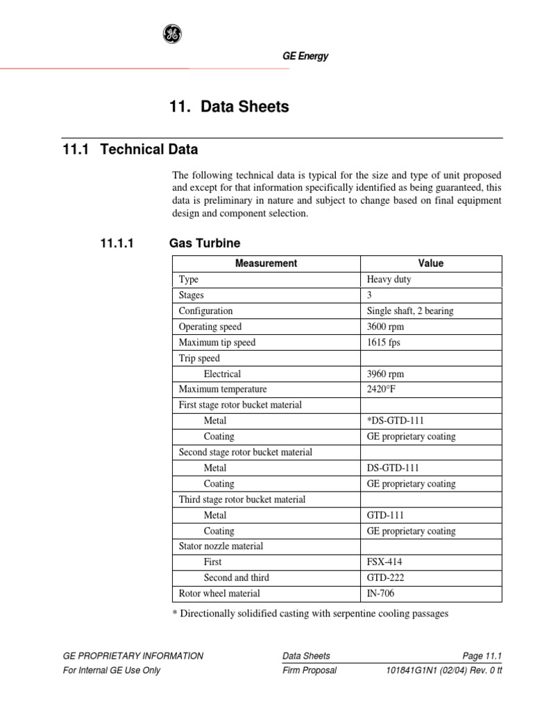 7FA Gas Turbine GT DataSheets | PDF | Turbine | Gas Turbine