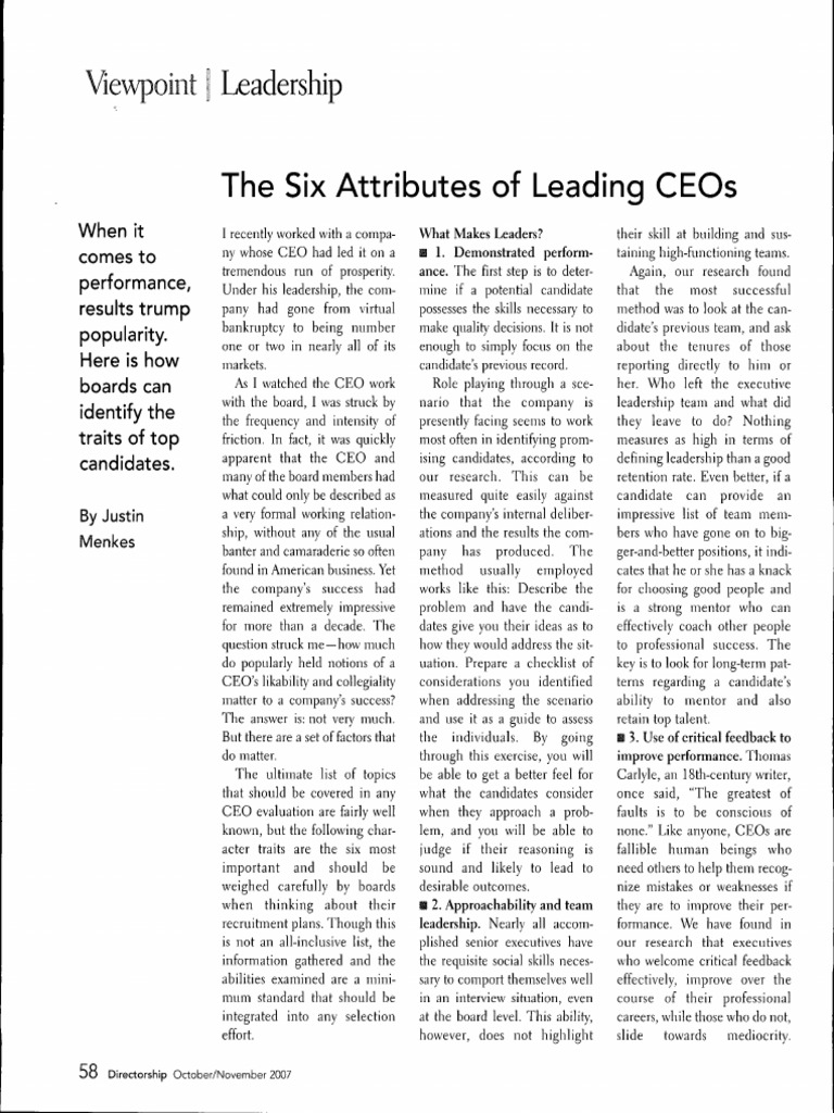 6 Attributes of Leading CEOs | PDF | Mentorship | Employee Retention