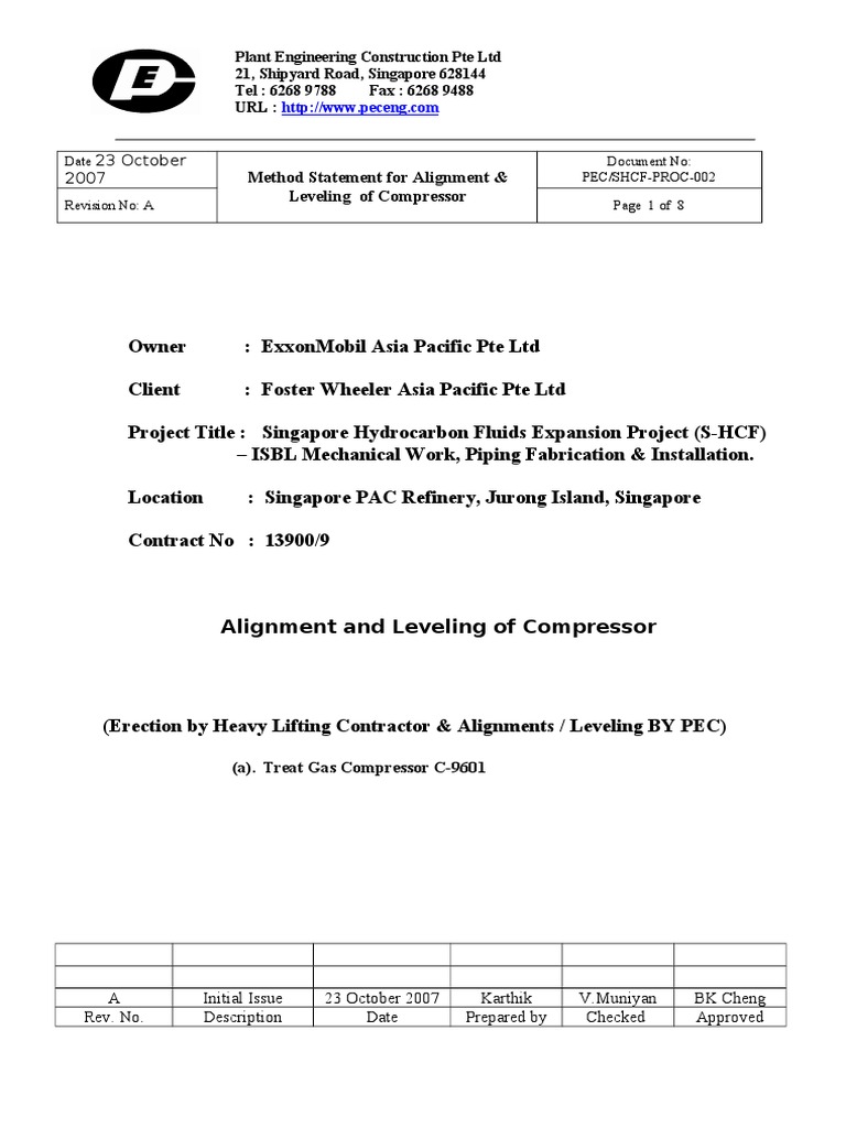 Method Statement For Alignment & Leveling of Compressor: 23 October ...