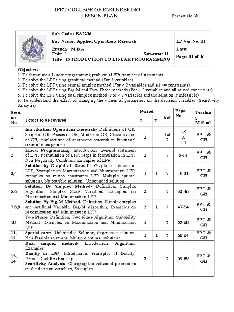 Ifet College of Engineering Lesson Plan | PDF