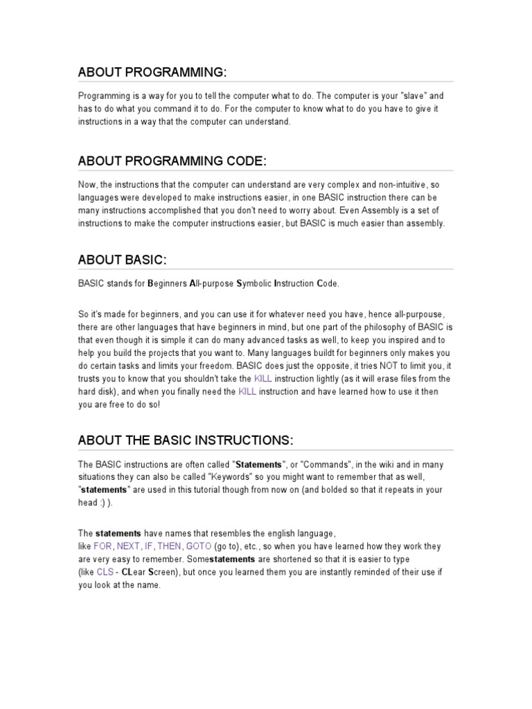 An Introduction To Programming In Basic Covering Key Concepts Like Variables Conditionals