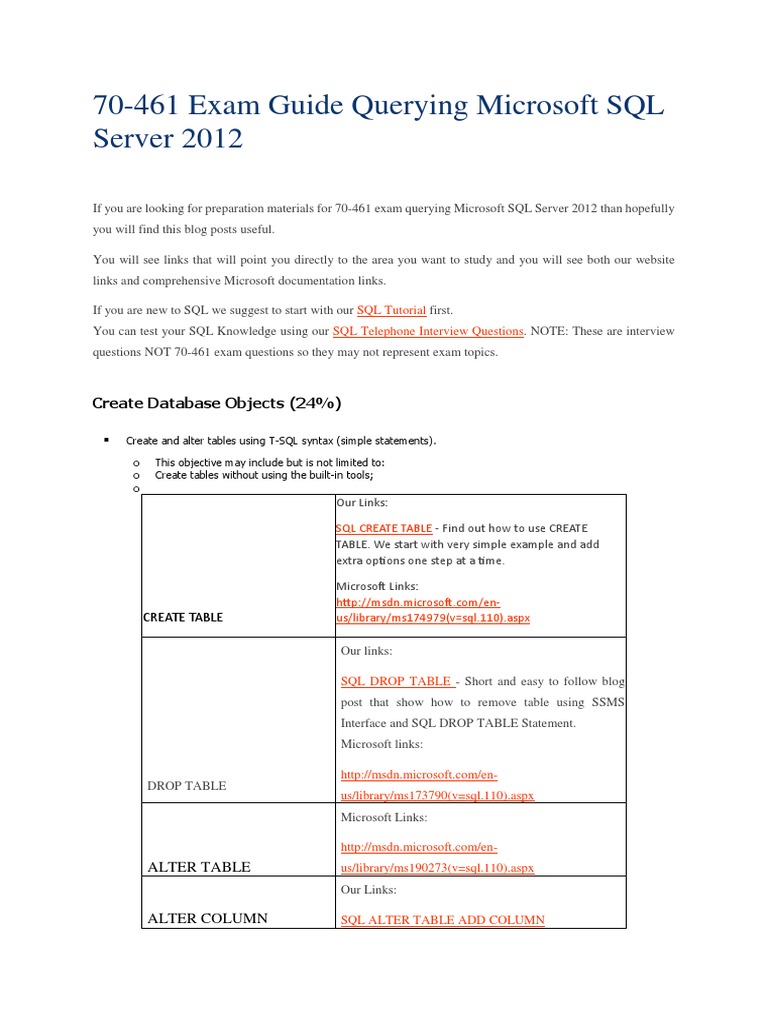 70 461 Exam Guide Querying Microsoft SQL Server 2012 PDF | PDF | Relational Database | Sql