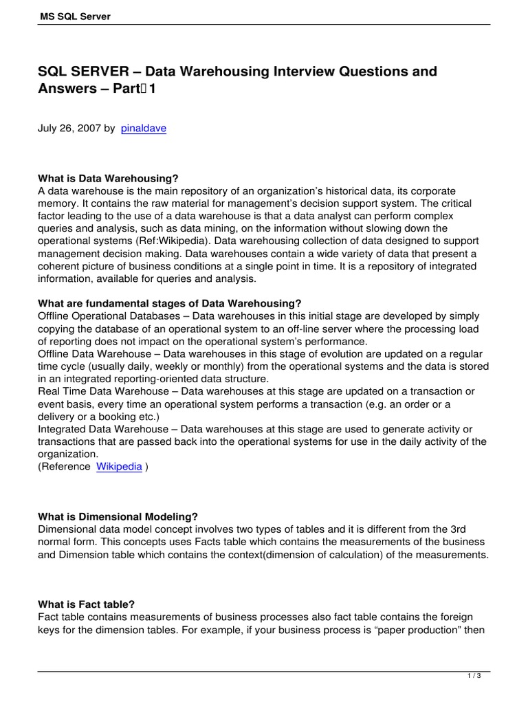 SQL SERVER - Data Warehousing Interview Questions and Answers Part 1 PDF | PDF | Data Warehouse ...