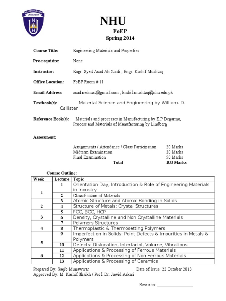 Engineering Materials Course Overview | PDF | Teaching Methods & Materials