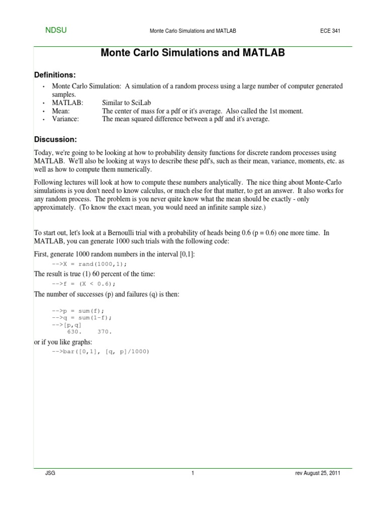 Monte Carlo Simulations and MATLAB | PDF | Variance | Probability ...