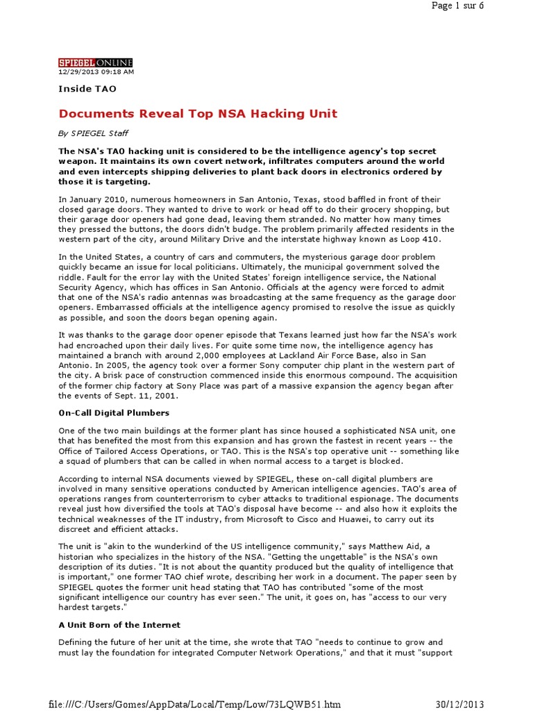 NSA's TAO Unit: Hacking Operations Exposed | PDF | National Security ...