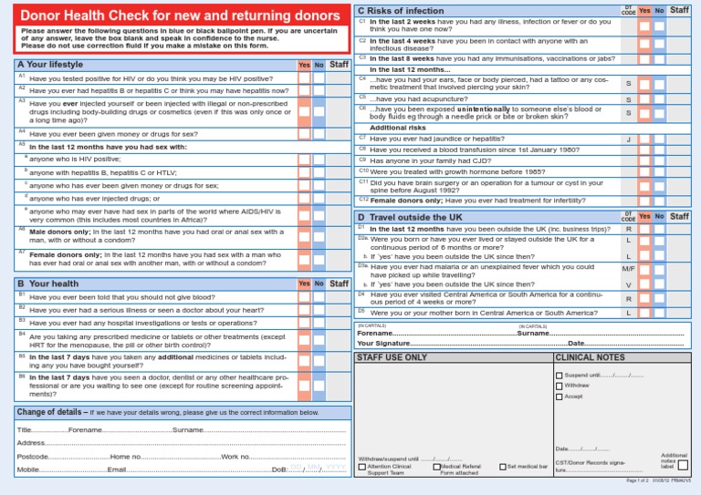 Donor Health Check For New and Returning Donors | PDF | Hiv/Aids ...