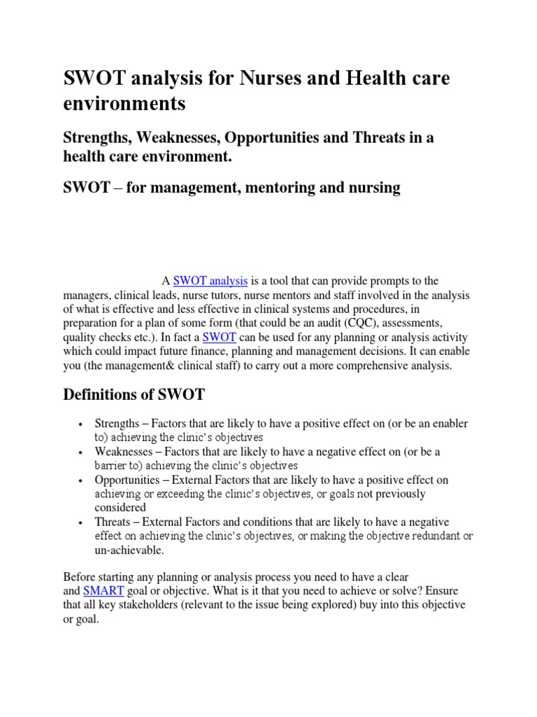 SWOT Analysis for Nurses and Health Care Environments | Swot Analysis ...