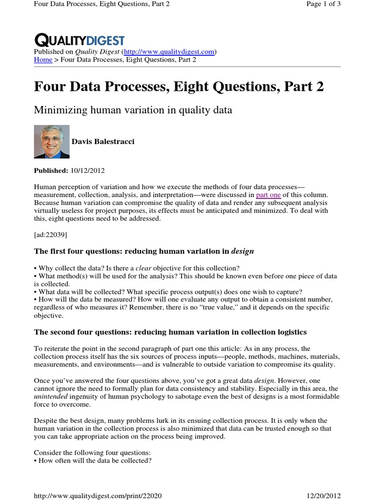 Four Data Processes, Eight Questions, Part 2 - Balestracci | PDF | Data ...