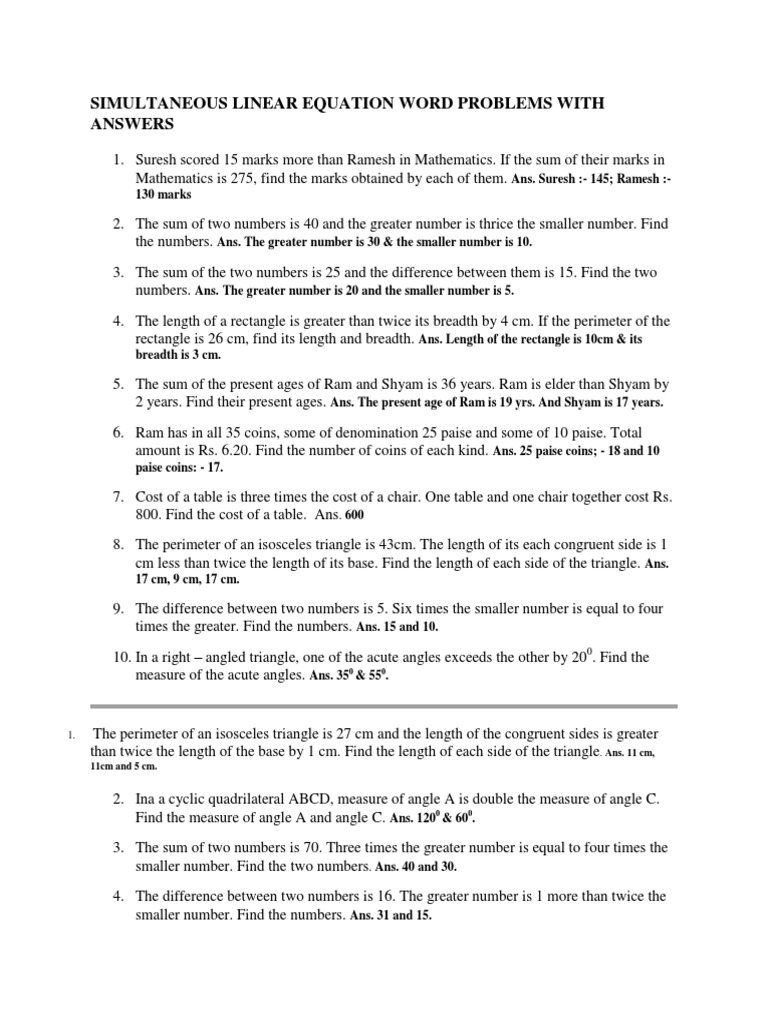 Simultaneous Linear Equation Word Problems With Answers | PDF ...