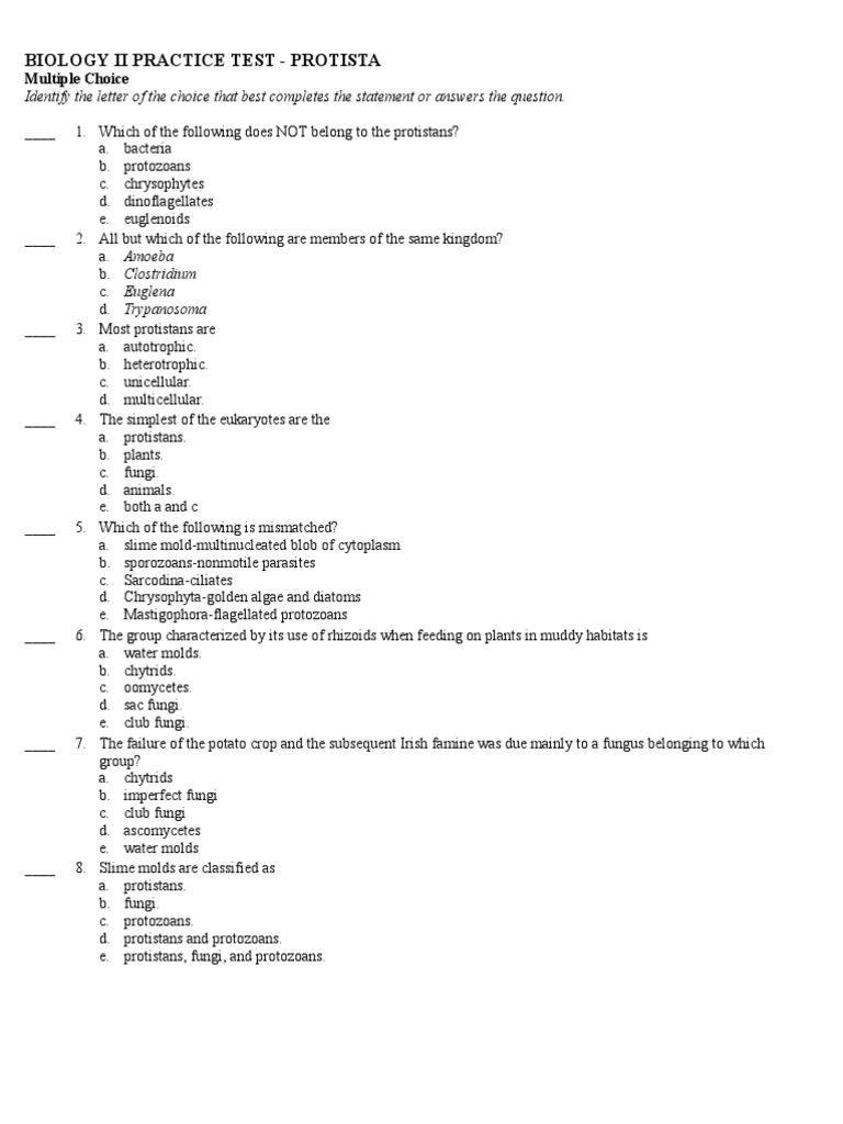 Protista Practice Test Questions | PDF