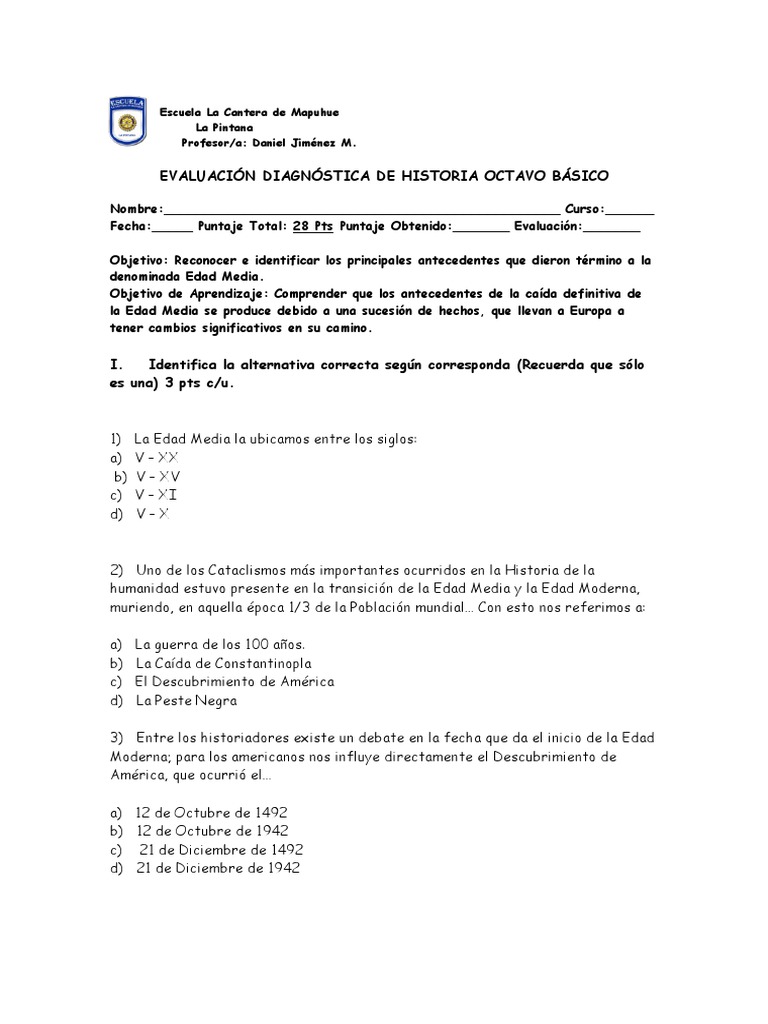 Evaluación Diagnóstica Historia 8° Básico | PDF | Muerte negra ...