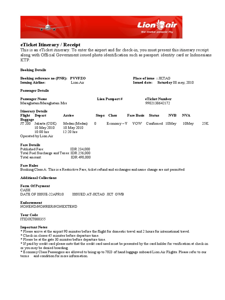 E Tiket Lion Air | PDF | Identity Document | Official Documents