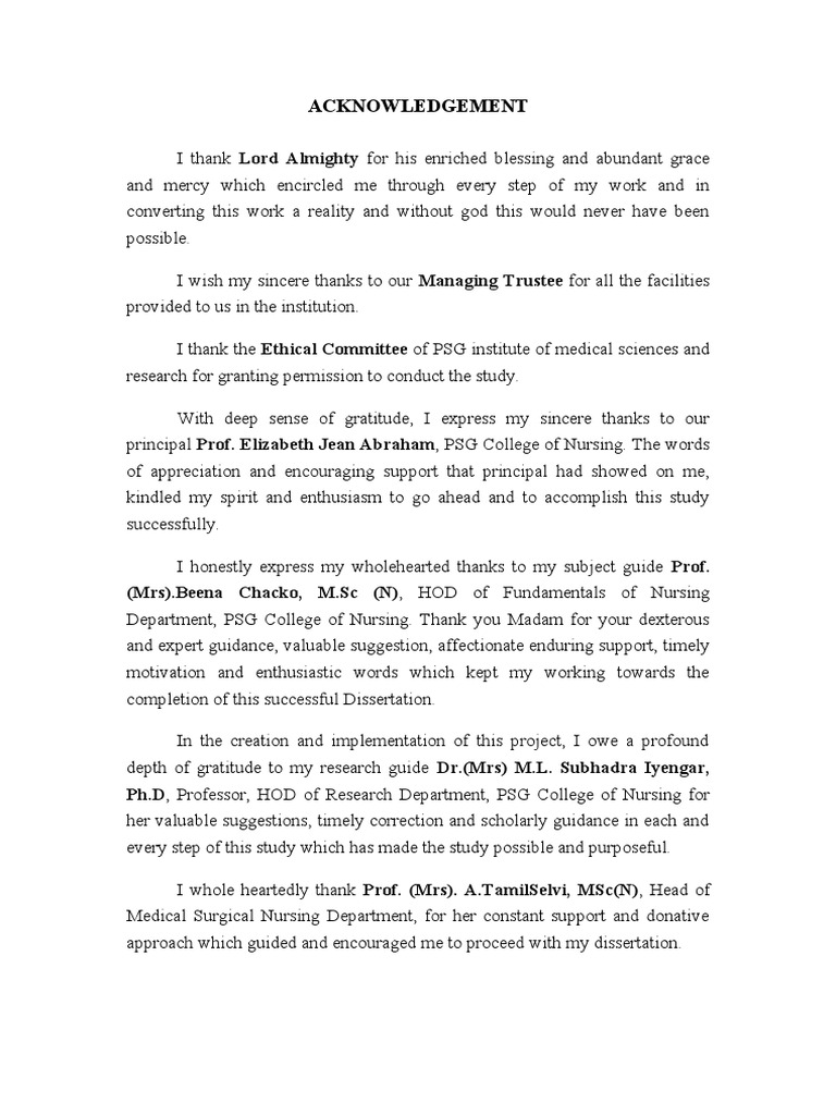 Acknowledgement: (MRS) .Beena Chacko, M.SC (N), HOD of Fundamentals of ...