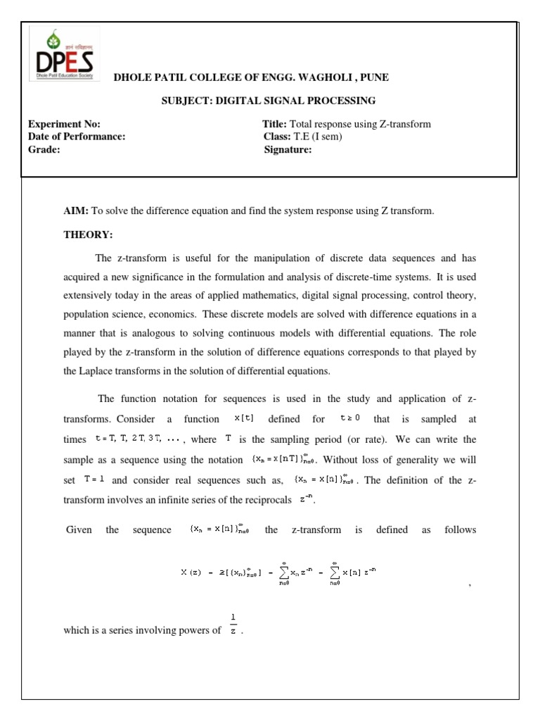 Total Response Using Z Transform Pdf Recurrence Relation Matrix
