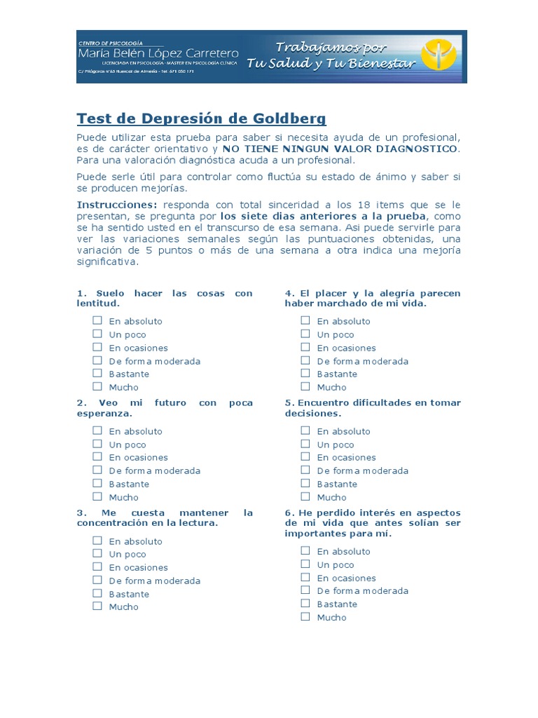 Test de Goldberg | Depresión (estado de ánimo) | Bienestar