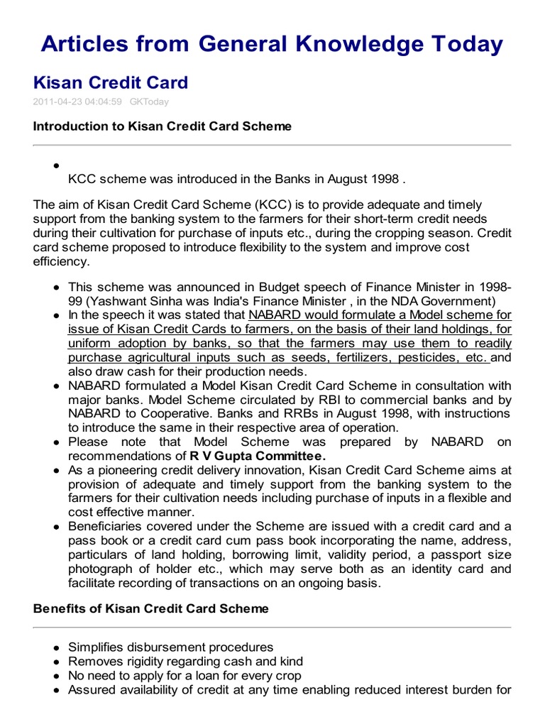 Introduction of Kissan Credit Card Scheme | PDF | Credit (Finance) | Banks