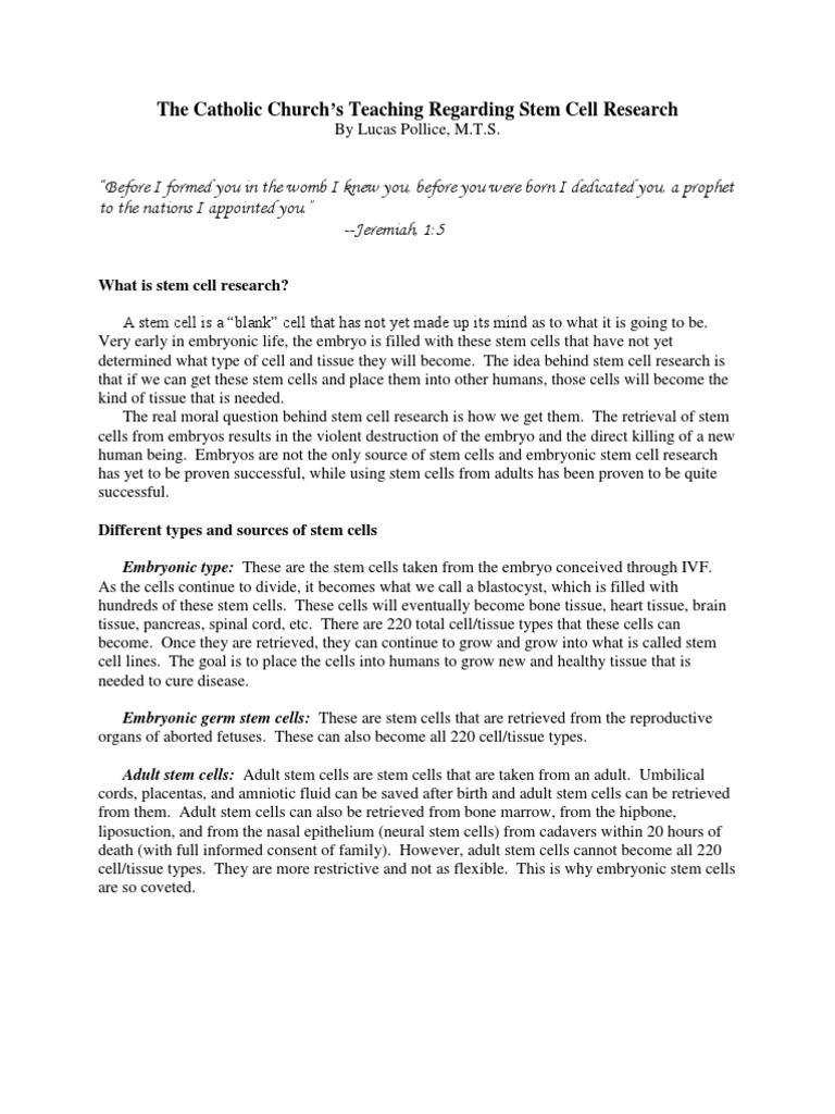 Catholic Church Teaching | PDF | Stem Cell | Embryonic Stem Cell