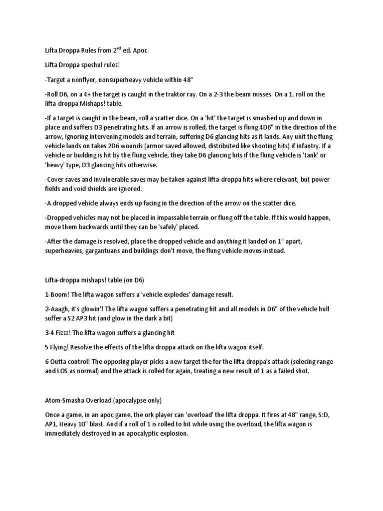 Lifta Droppa Rules From 2nd Ed | PDF