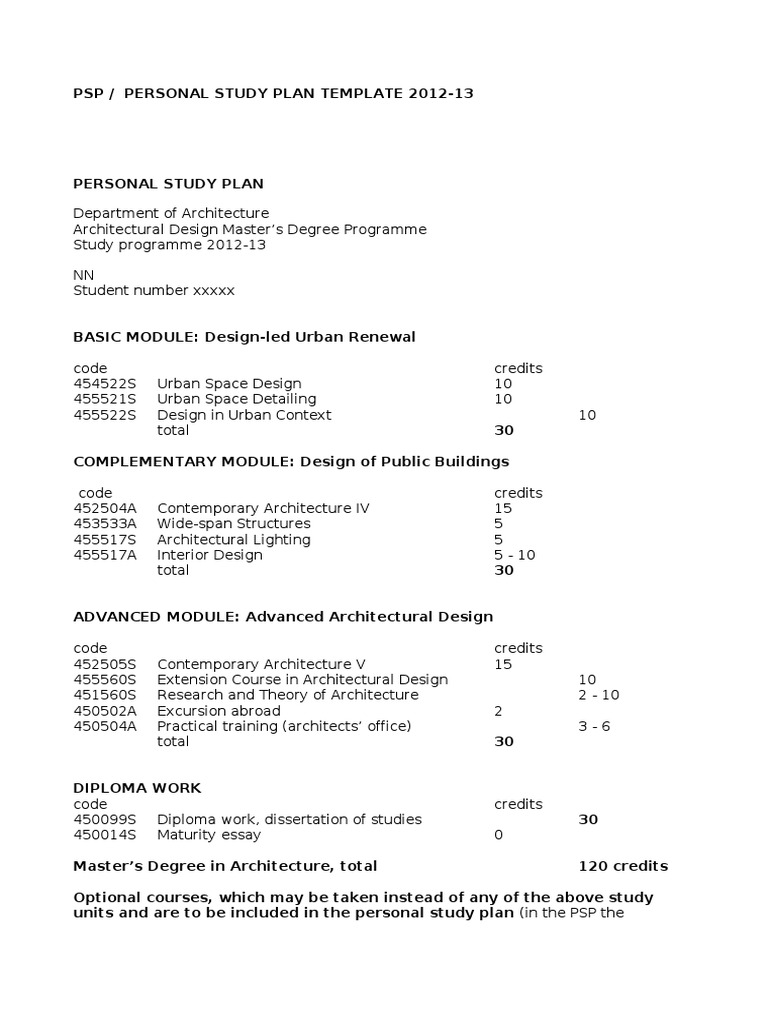 Architecture Master's Study Plan Template | PDF | Nursing | Thesis
