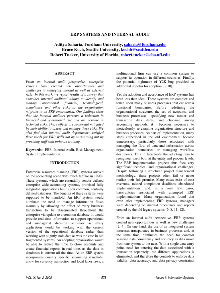 Erp Systems And Internal Audit Pdf Internal Audit Audit