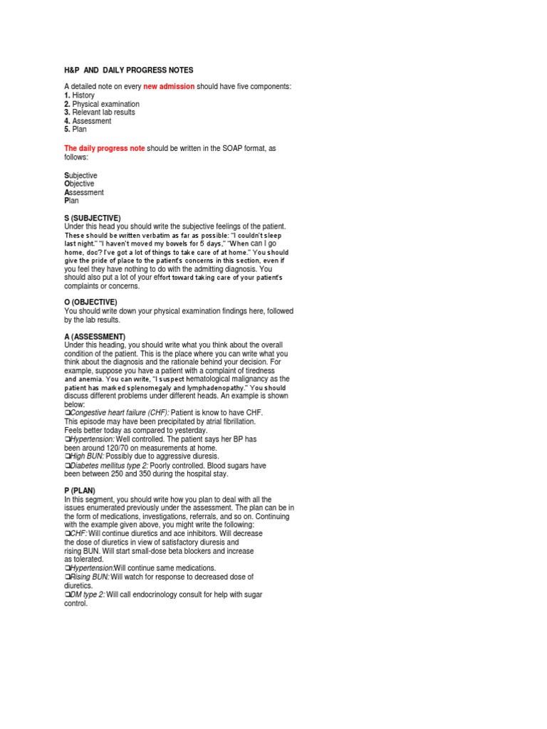 H&P and Daily Progress Notes Guide | PDF | Heart Failure | Patient