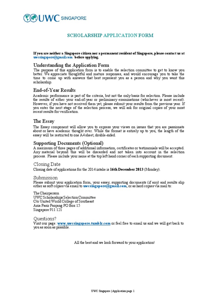 UWC Singapore Scholarship Application Form 2013 | Download Free PDF ...