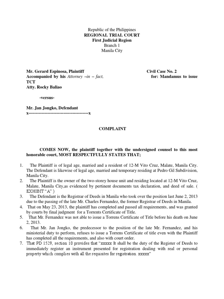 Sample Complaint Letter | Plaintiff | Complaint | Free 30-day Trial ...