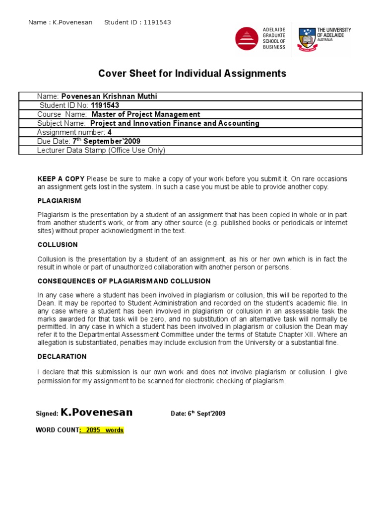 Cover Sheet For Individual Assignments: September'2009 | PDF | Net Present Value | Cost Of Capital