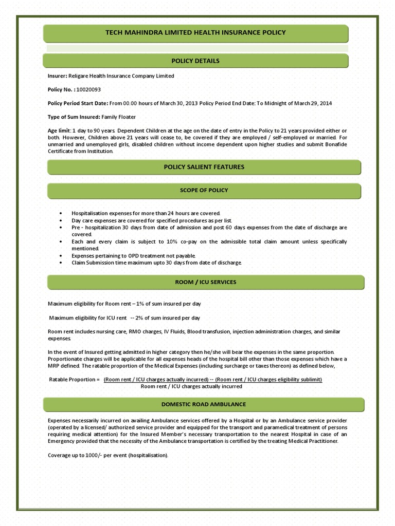 Tech Mahindra Health Insurance Policy Details | PDF | Emergency Medical ...