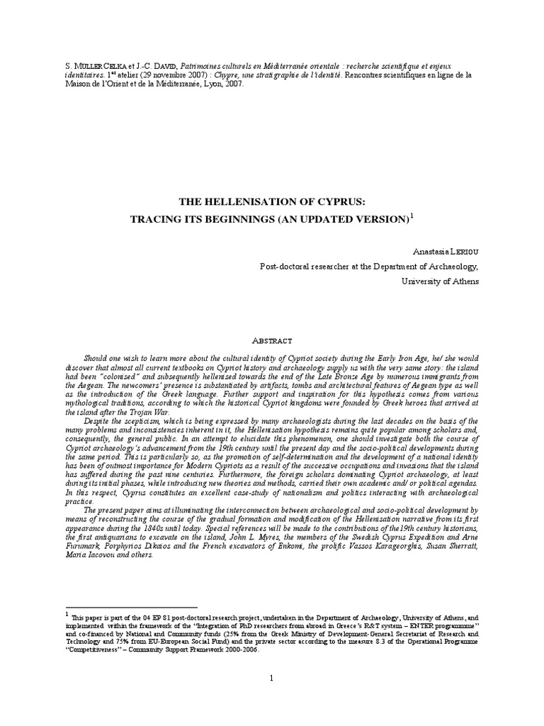 LERIOU The Hellenisation of Cyprus | PDF | Cyprus | Mycenaean Greece