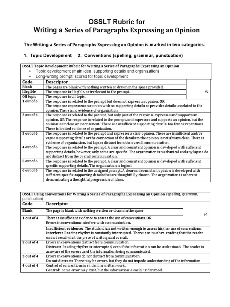Rubric For Writing A Series of Paragraphs Expressing An Opinion | PDF ...