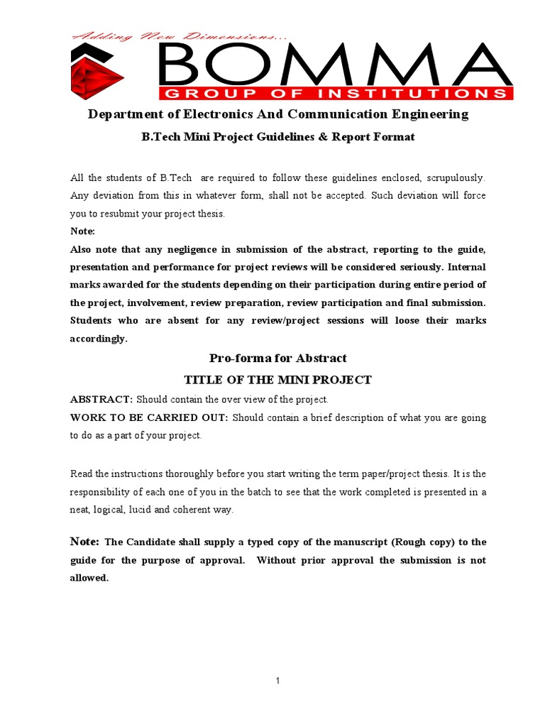 Department of Electronics and Communication Engineering: B.Tech Mini Project Guidelines & Report ...