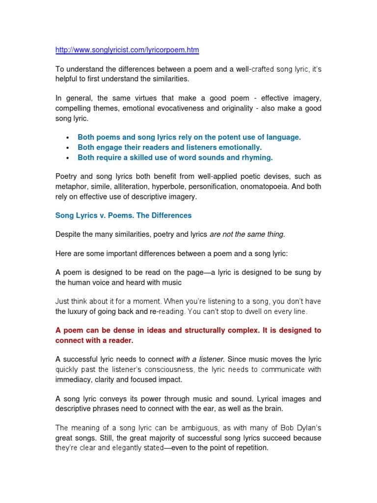 Differences Between Poetry and Songs | PDF | Lyrics | Poetry