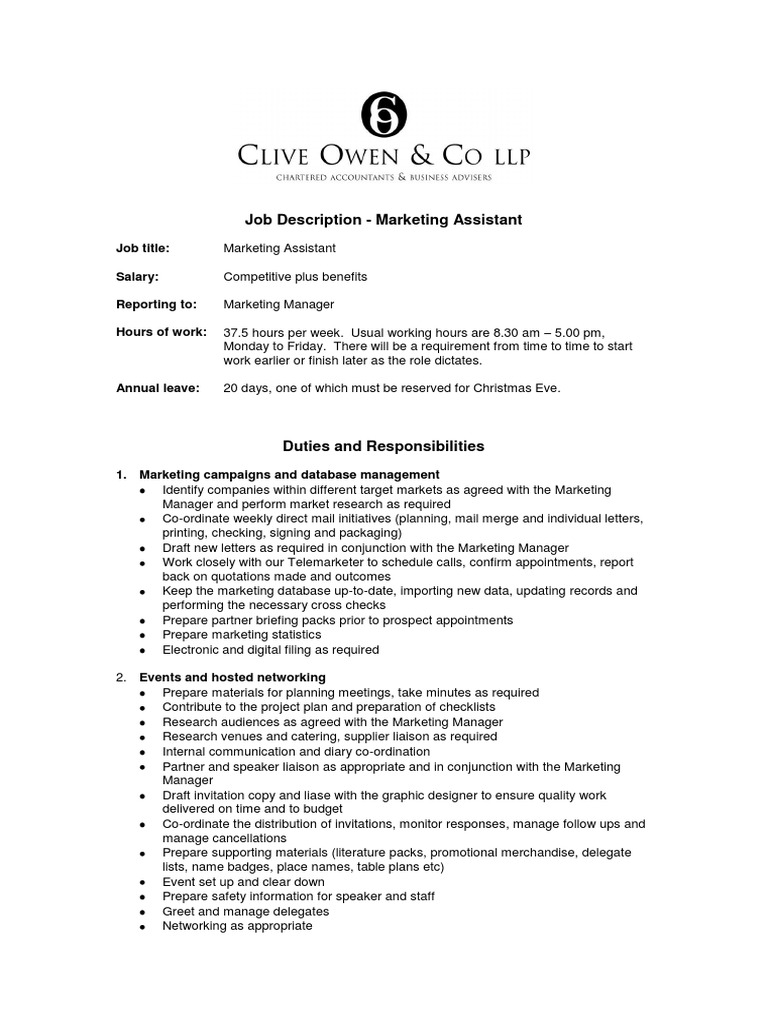Job Description - Marketing Assistant | PDF | Mass Media | Marketing
