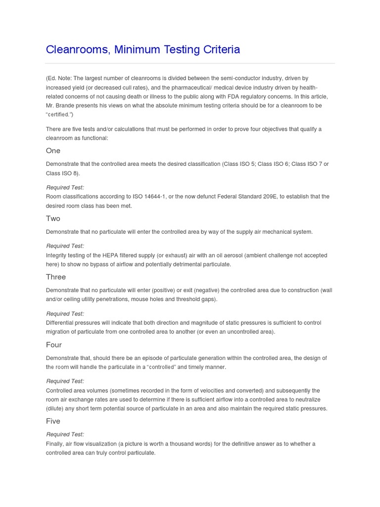 Cleanrooms, Minimum Testing Criteria: Required Test | PDF | Nature