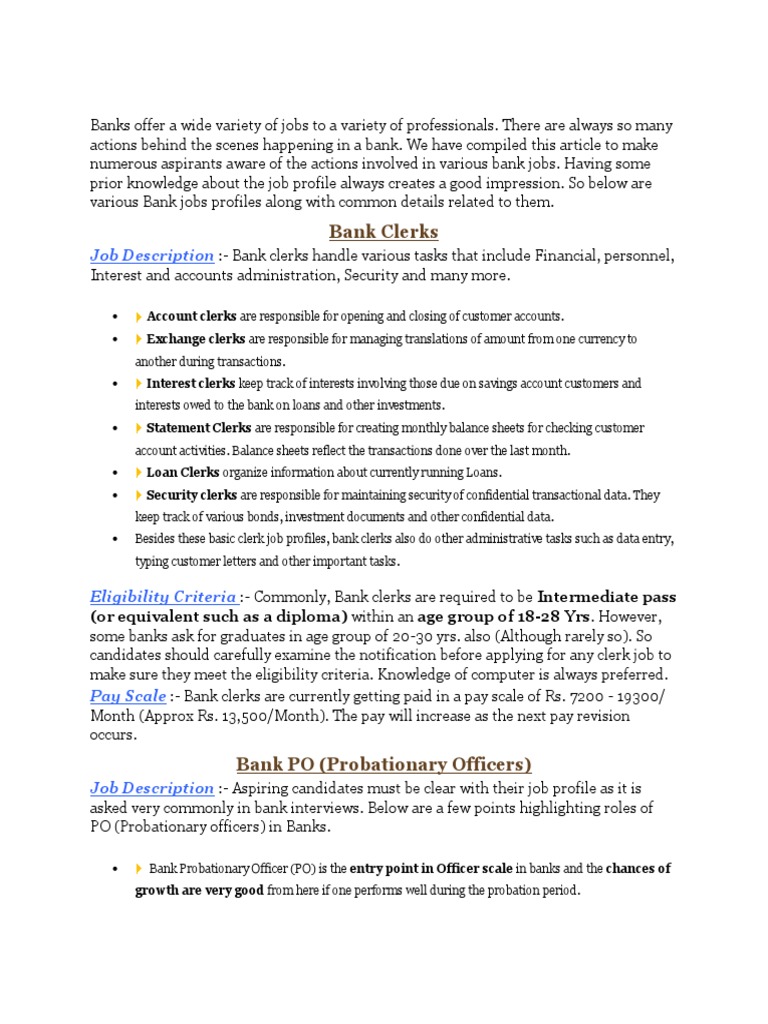 Bank Clerks: Job Description | PDF | Financial Transaction | Banks